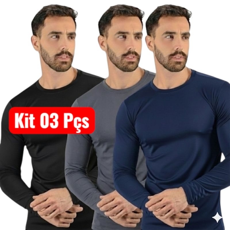 Kit 03 Camisa Proteção Térmica Segunda Pele Manga Longa UV Masculina ...