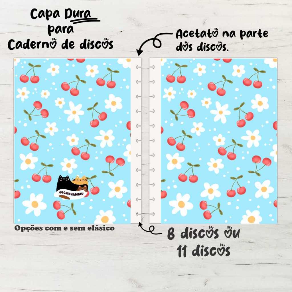 CAPA DURA para Caderno de Discos 8 ou 11 Discos Cereja Floral Kawaii ...