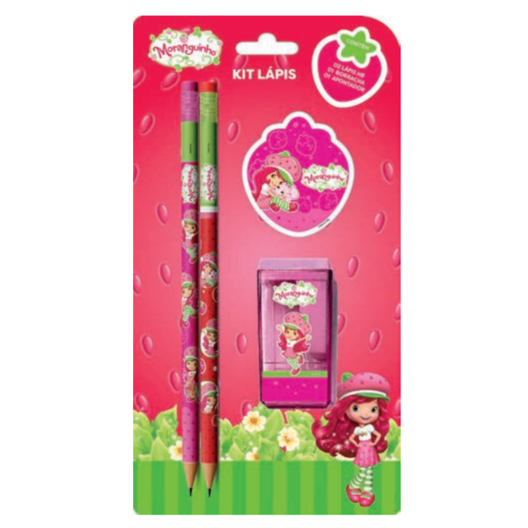 Kit Moranguinho 2 Lápis HB+ Borracha+Apontador Material Escolar Sky ...