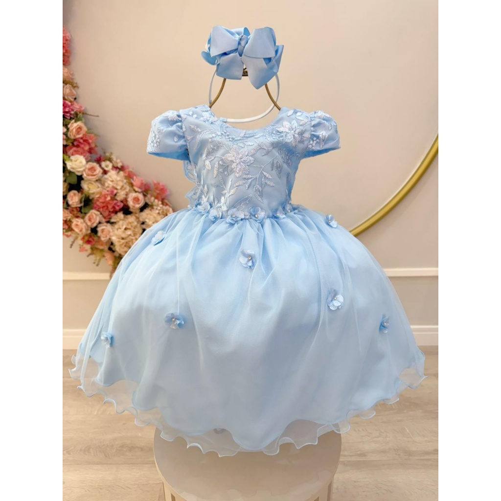 Vestido Infantil Azul C/ Renda Jardim Encantado Festas | Shopee Brasil