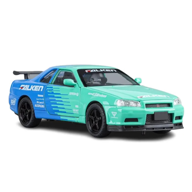Miniatura Carrinho Nissan skyline GTR-R34 escala 1/24 Azul com Verde ...