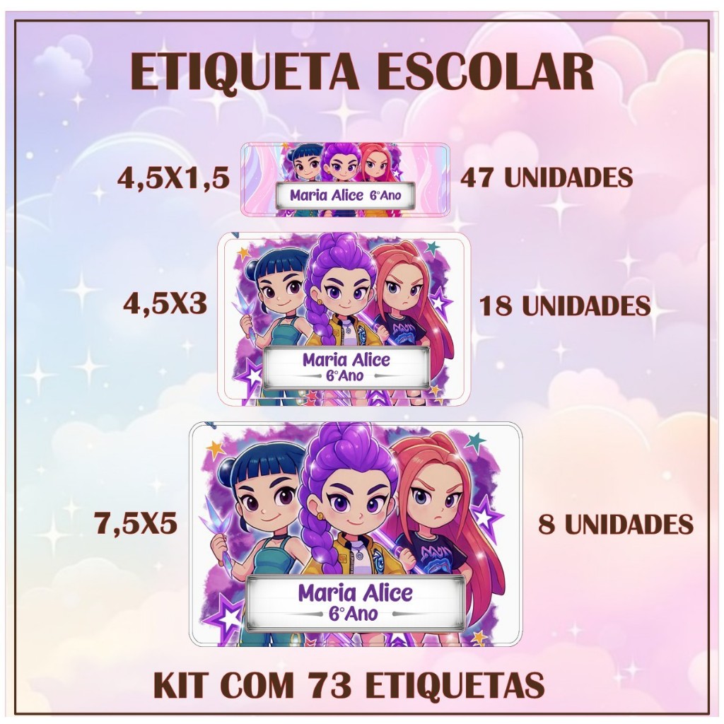 Kit 73 Etiquetas Escolares Adesivas - GUERREIRAS DO K-POP VOLTA ÀS ...