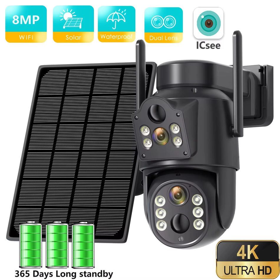 Câmera Solar WiFi 8MP 4K Dupla Lente ICSee 360° Bateria Visão Noturna ...