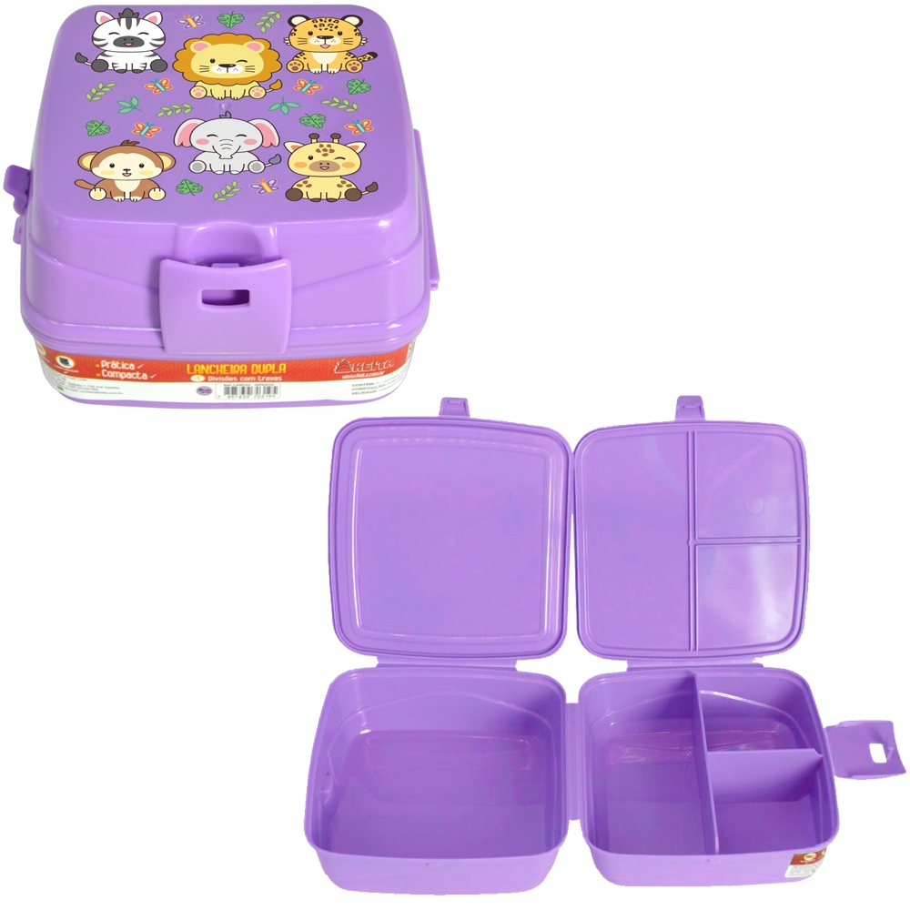 Lancheira Infantil Plástica Lilás Bichinhos Quadrada Dupla 4 Divisórias ...