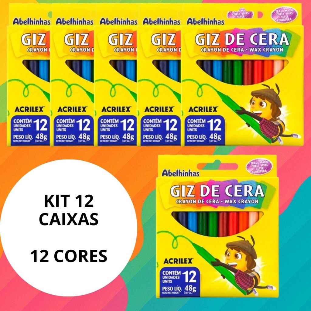 Kit 1/3/6/9/12 Caixas Giz De Cera Acrilex 12 Cores Não Tóxico Infantil ...