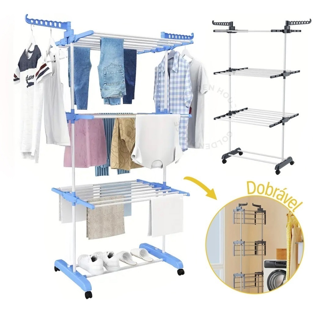 Varal De Chão 3 Andares Para Roupas e Calcinhas 4 Rodas Dobrável ...