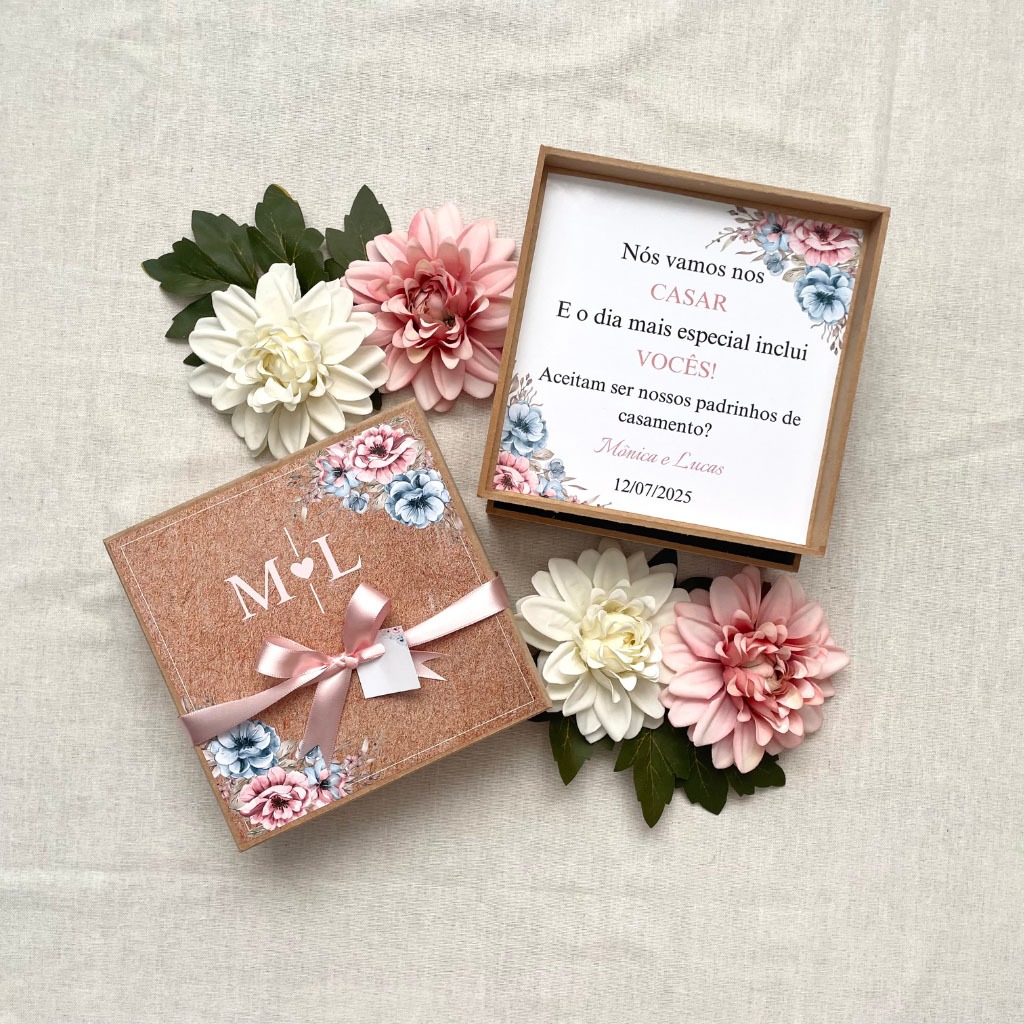 Caixa Convite para Padrinhos de Casamento MDF Azul Serenity e Rosé ...