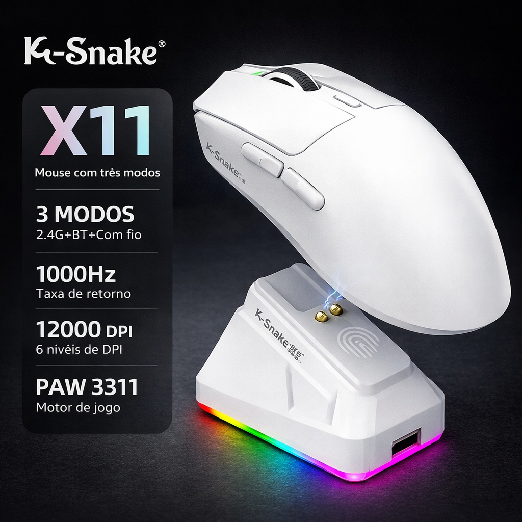 Mouse Gamer K-Snake X11 Pro RGB Sem Fio 3 Modos 12000 DPI Recarregável ...
