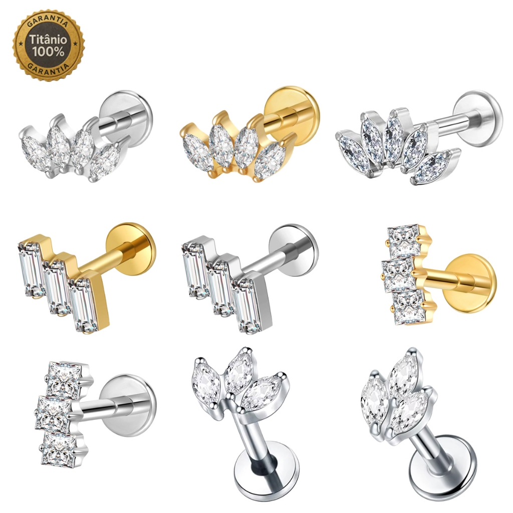 Piercing Labret 100% Titânio Zircônias Interna Rosca Helix Tragus Conch ...