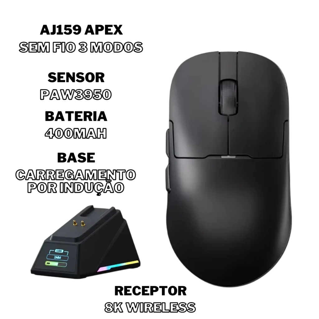 AJAZZ AJ159 APEX – Mouse Gamer Sem Fio 8K 56g PAW3950 Até 42.000 DPI ...