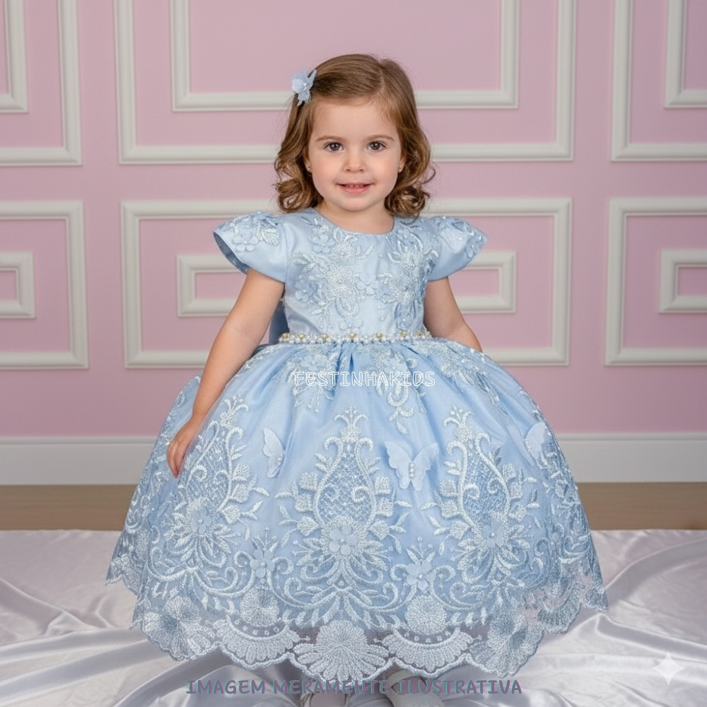 Vestido Infantil Jardim Encantado Realeza Azul C/ Renda Apliques Flores ...