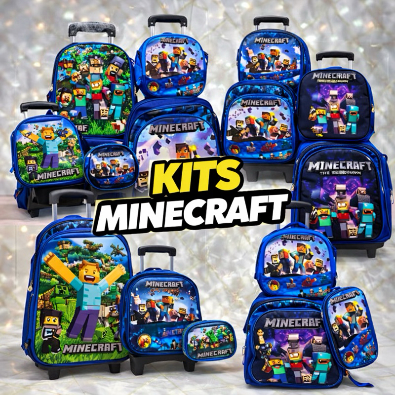 Kit Mochila escolar com rodinha ou sem 3 peças Minecraft 3D alto relevo ...