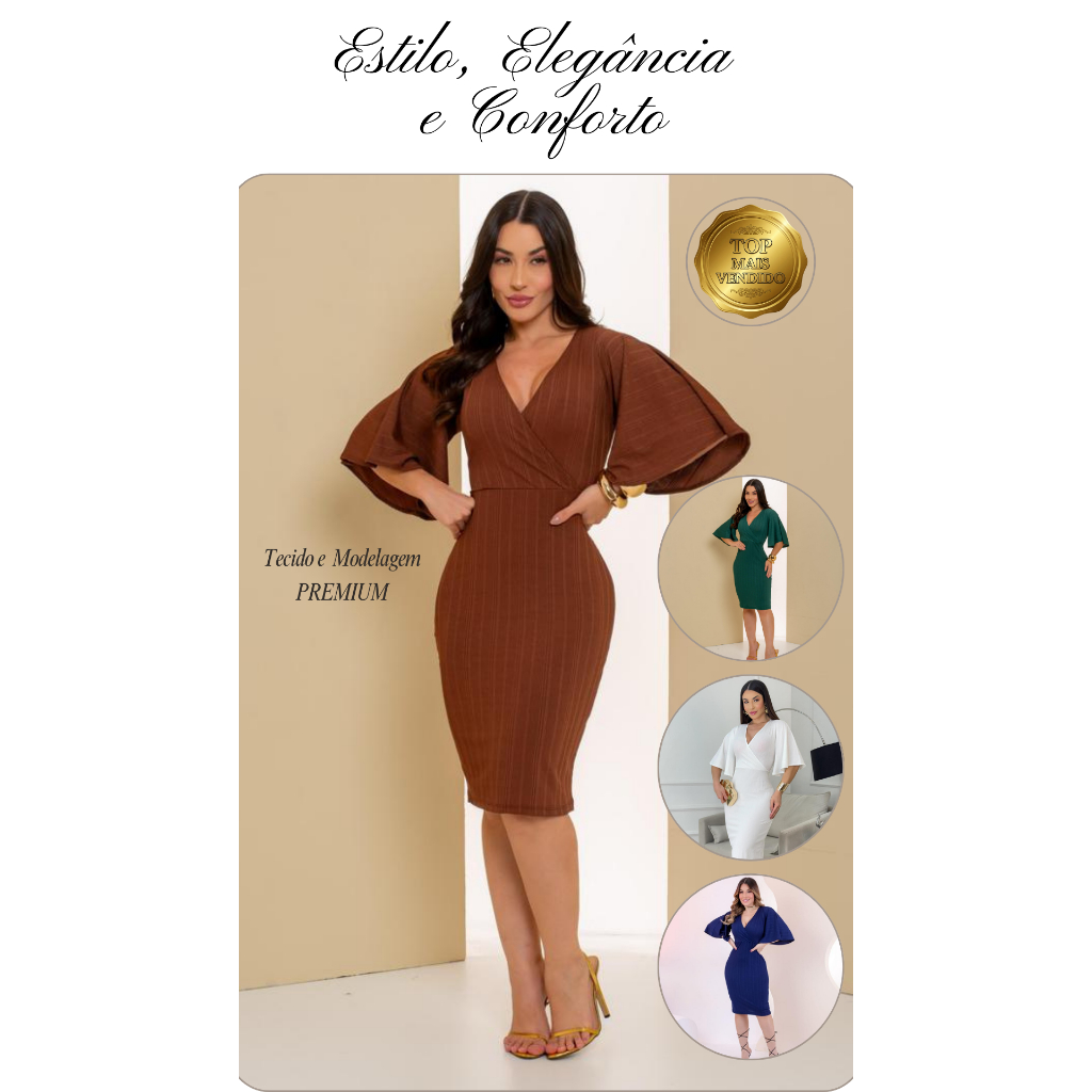 Vestido Curto Tubinho Feminino Elegante Valoriza a Silhueta Decote V ...
