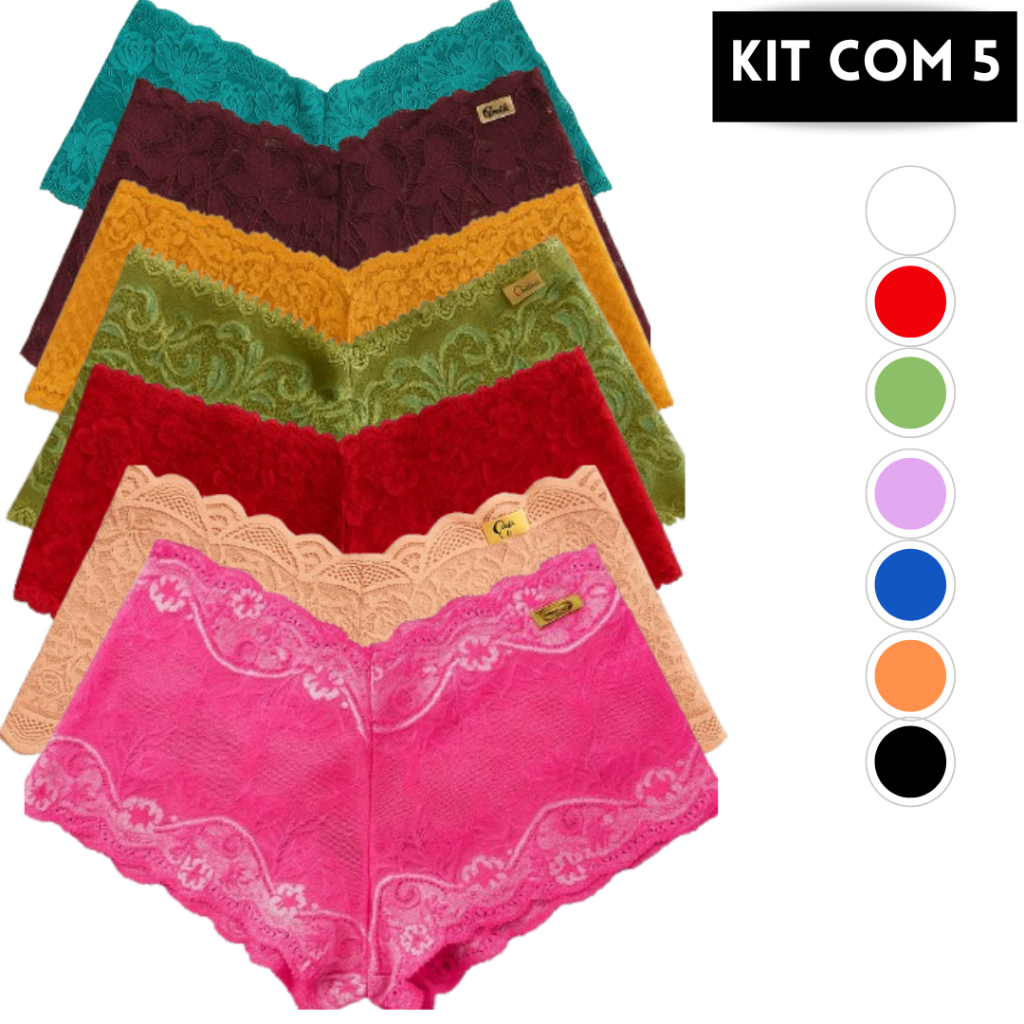 Kit 5 Calcinhas Feminina de Renda Sensual Shortinho Caleçon Fio Dental ...