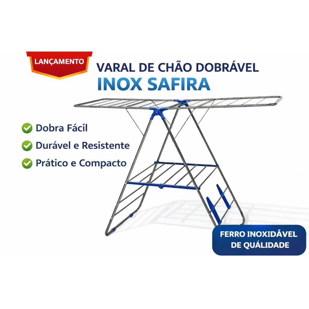 Varal de Chão Dobrável Inox Safira 1,50 x 0,59 x 1,04m – Resistente e ...
