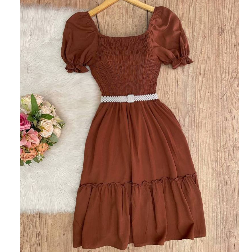 Vestido Jaqueline Manga Princesa Viscolinho - Marrom | Shopee Brasil