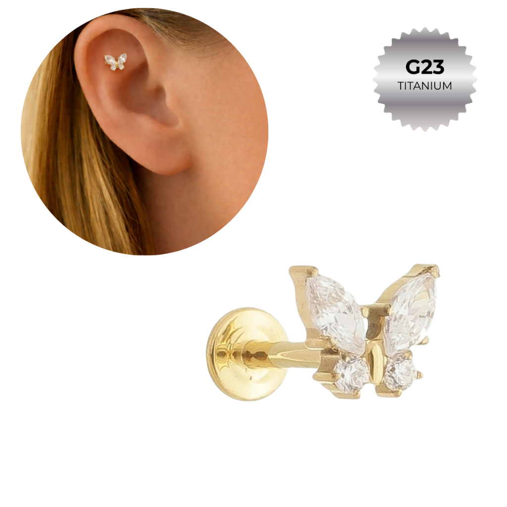 Piercing Labret Titânio Borboleta Dourado Strass Dourado Hélix Trágus ...