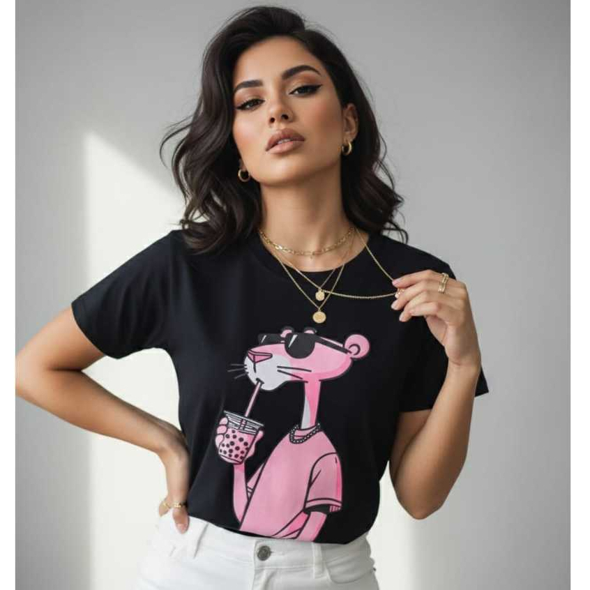 Blusa feminina pantera cor de rosa Baby Look Camiseta 100% algodão com ...
