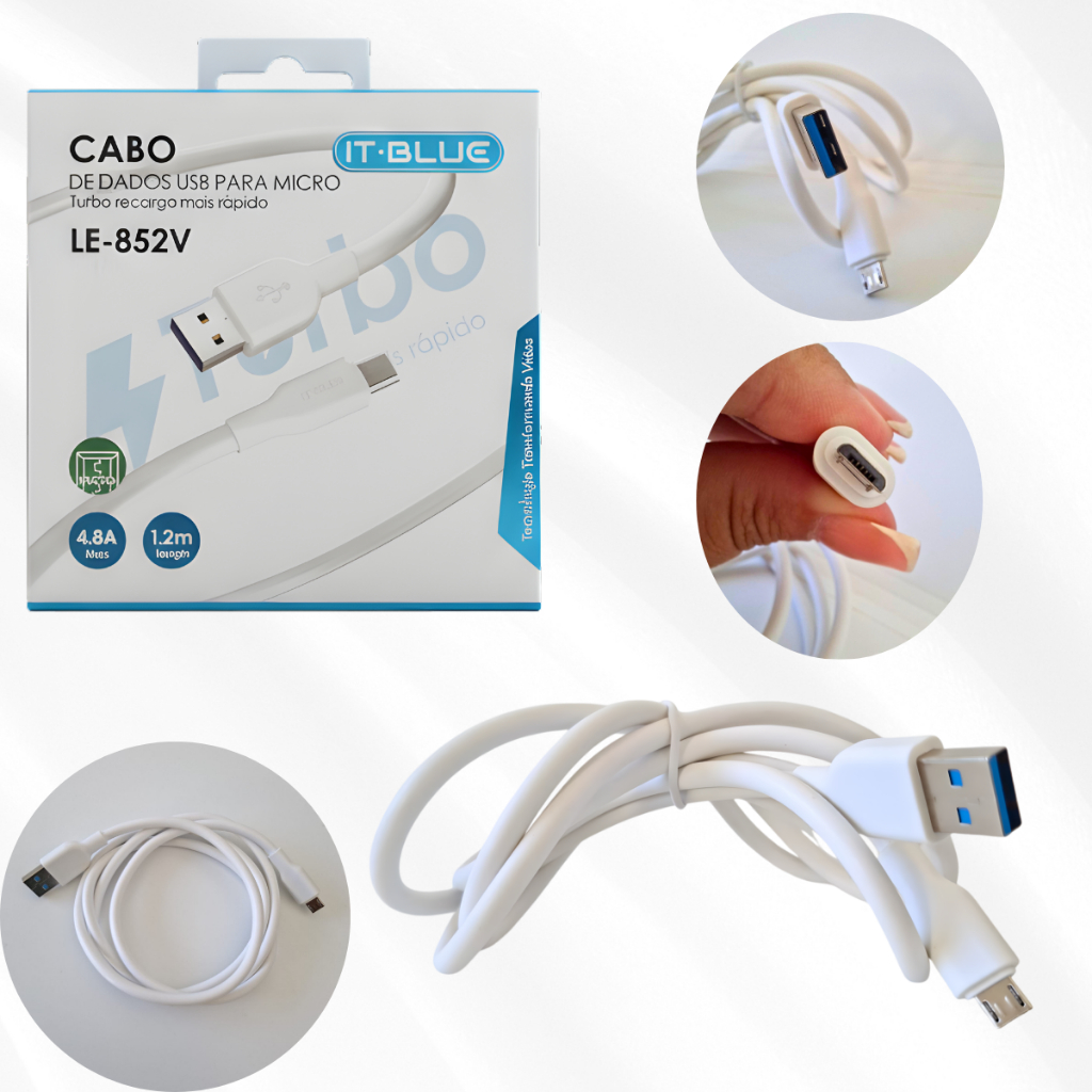 Cabo Micro USB V8 4.8A 1.2m Branco conexão USB 3.0– Carregamento Rápido ...
