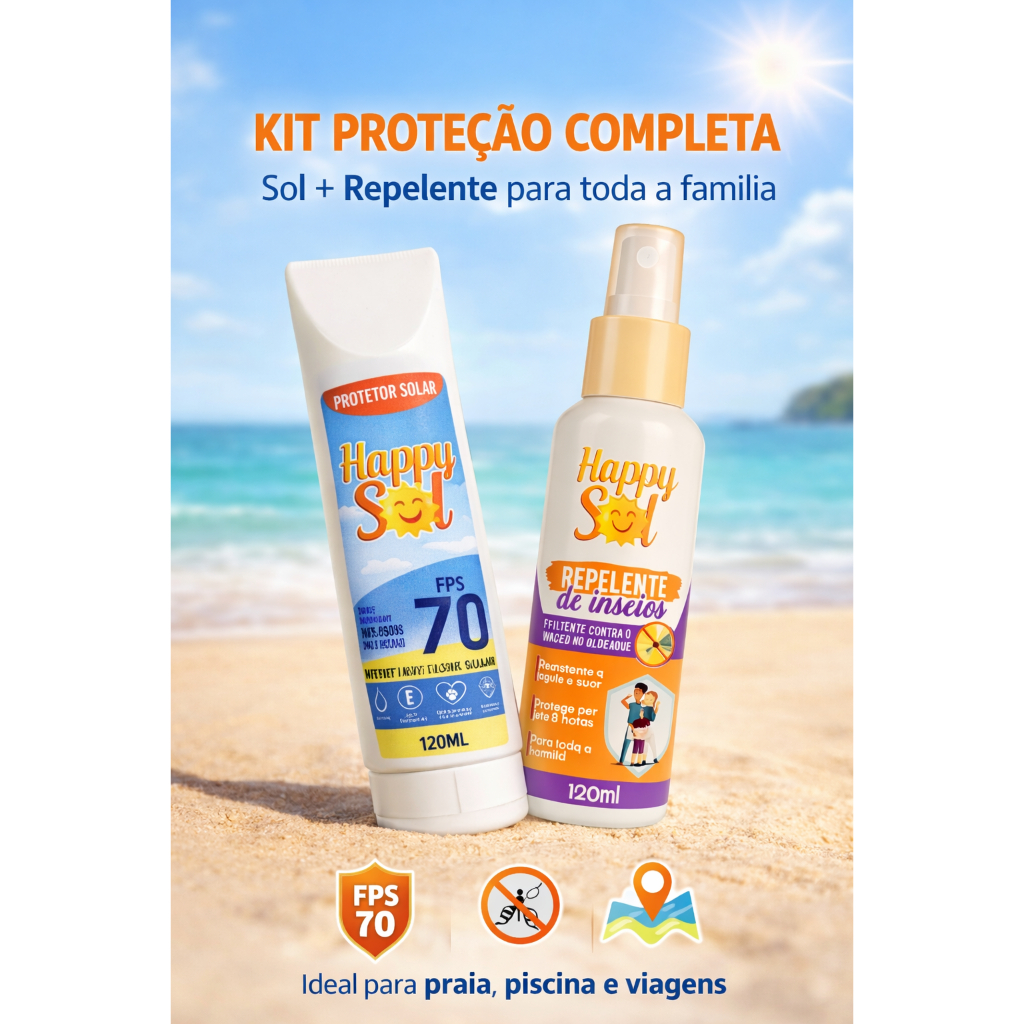 Kit Happy Sol Protetor Solar FPS 70 + Repelente de Insetos 120ml ...