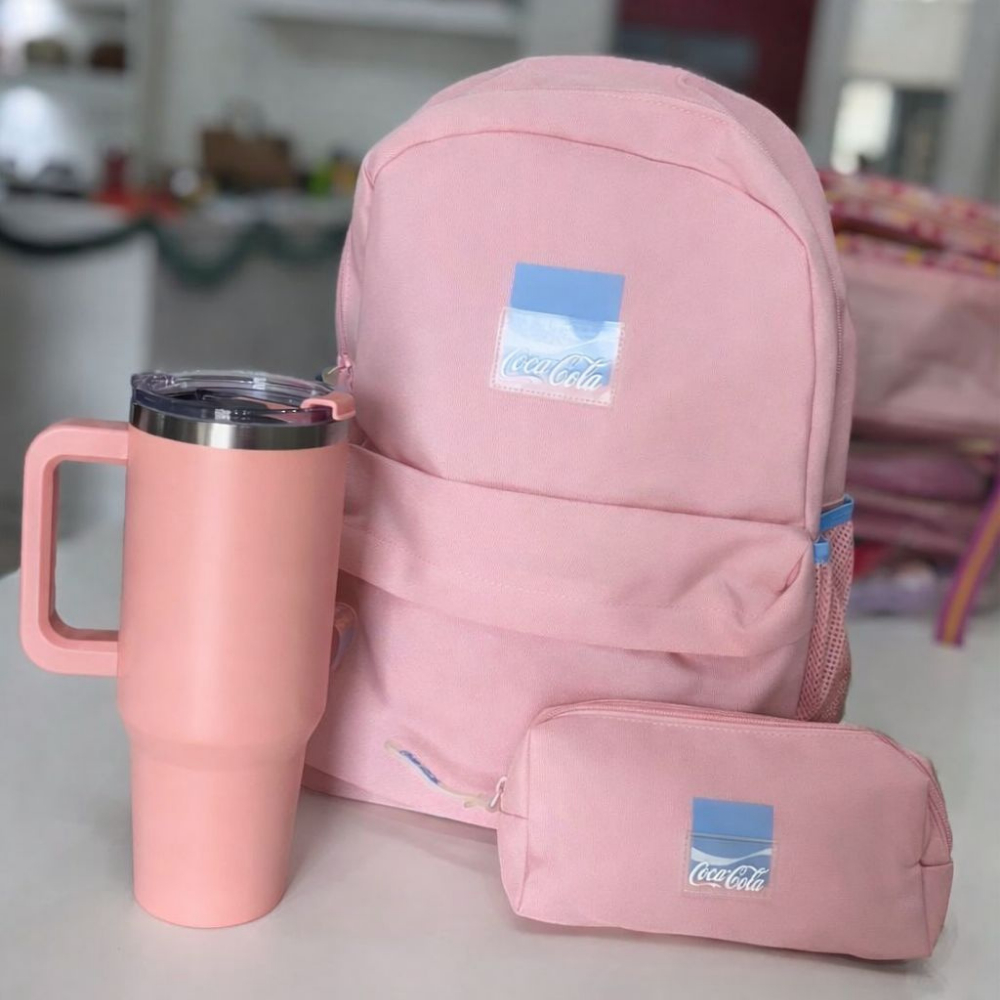 Kit Mochila Coca-Cola Rosa + Estojo + Copo Térmico Feminino | Shopee Brasil