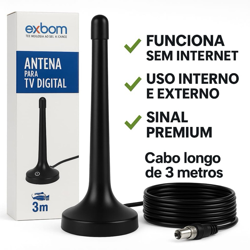 Antena Digital Amplificada 3 Metros Interna e Externa Base Imã Prova d ...