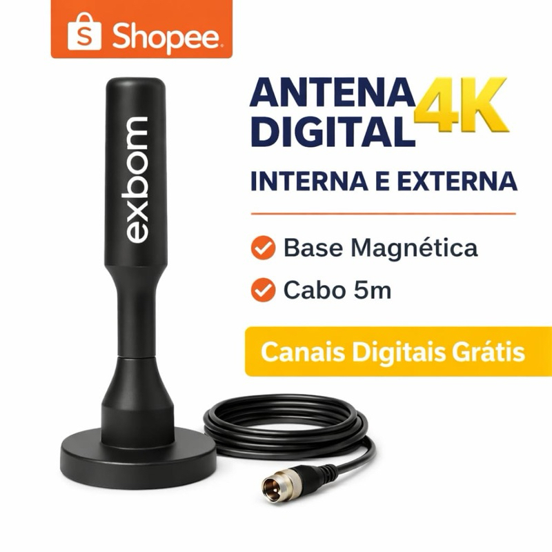 Antena Tv Digital Interna Externa Prova D'água Sinal HDTV Base ImãCabo ...
