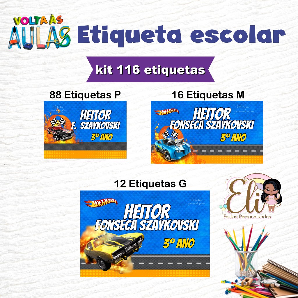Etiqueta escolar personalizada Hot wheels | Shopee Brasil