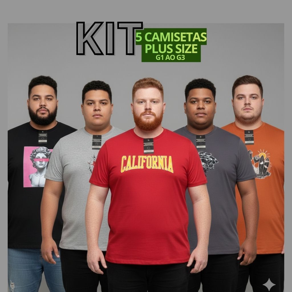 Kit 5 ou 3 Camisetas Plus Size Masculinas G1 G2 G3 Malha Premium 100% ...