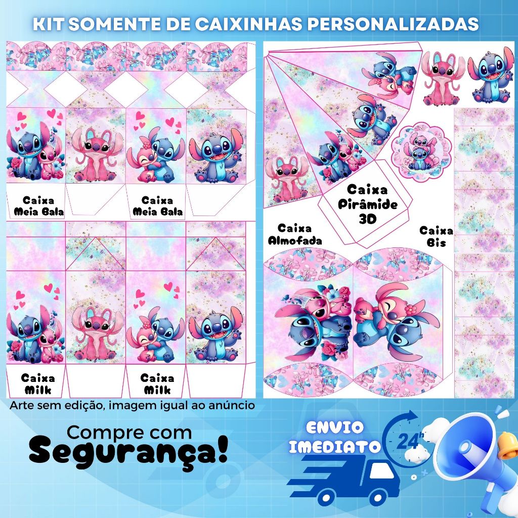 Stitch e Angel - Kit Festa 30/60/90/120 Caixas Milk | Pirâmide 3D ...