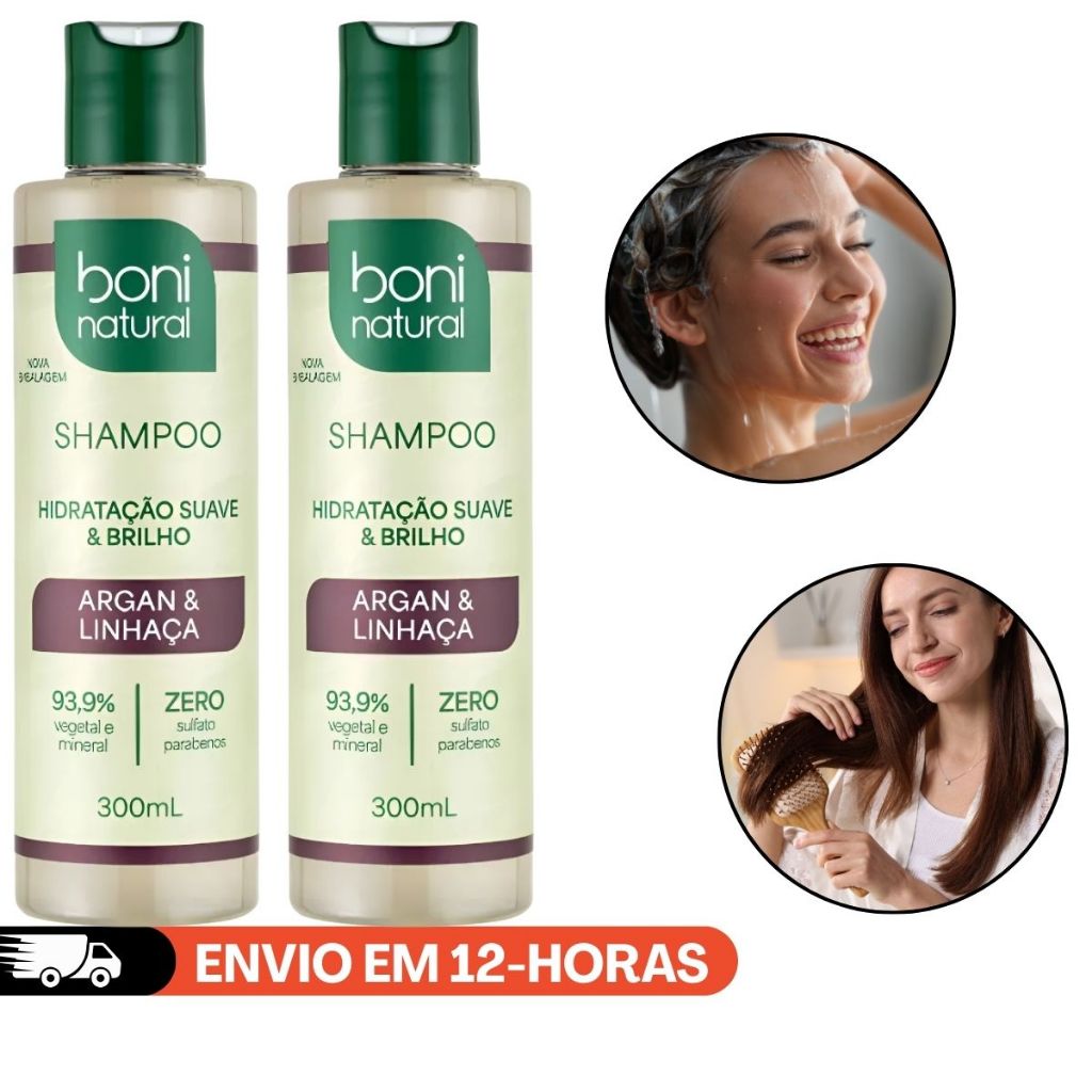 KIT 02 SHAMPOOS DE ARGAN E LINHAÇA LIMPEZA SUAVE 300 ML BONI NATURAL ...