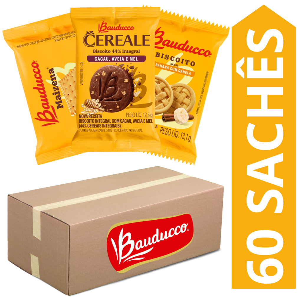 Kit 60 Sachês Biscoito Bauducco Sabores Cereale Cacau, Banana Com ...