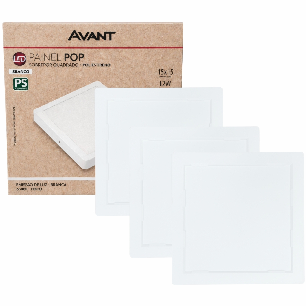 Kit 3 Luminaria Painel Plafon Sobrepor Quadrado POP 12w Branco Frio ...