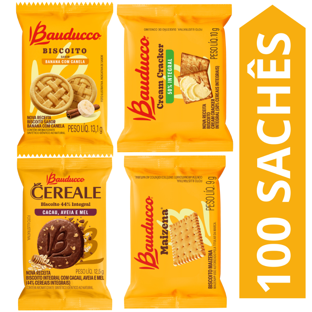 Kit 100 Sachês Biscoito Bauducco Sabores Cereale Cacau, Banana, Maizena ...