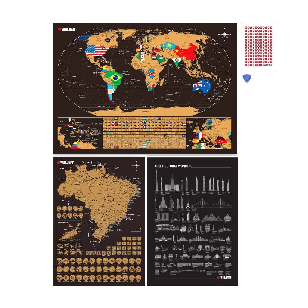 Kit Completo Mapa Raspar Viagens - Mapa Brasil, Mapa Mundi e Maravilhas ...