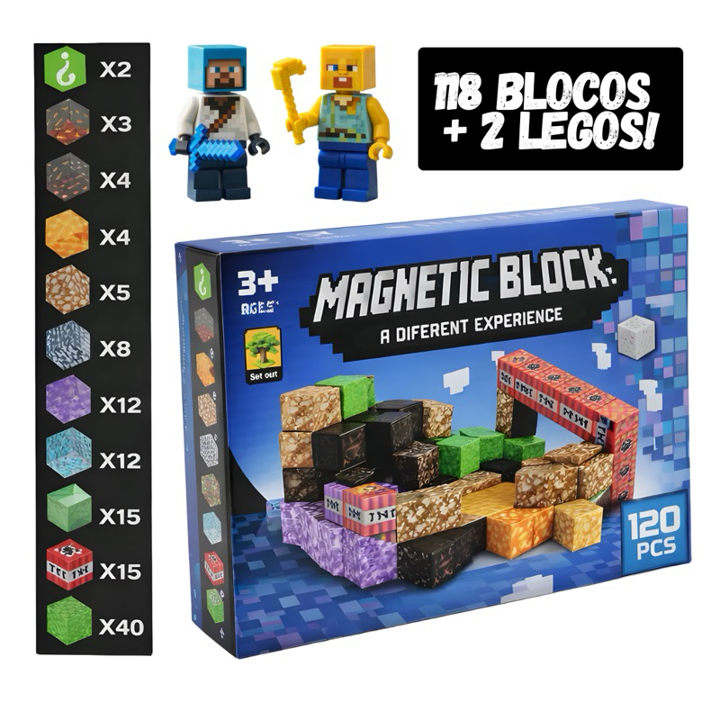 Blocos Magneticos Minecraft 118 Peças + 2 Legos Construção De Montar My ...
