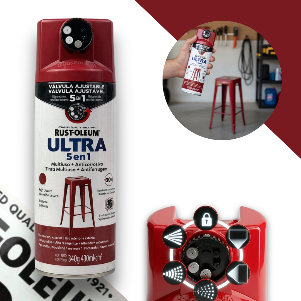 Spray Ultra 5 em 1 Vermelho Brilhante Metal e Madeira Rust Oleum ...