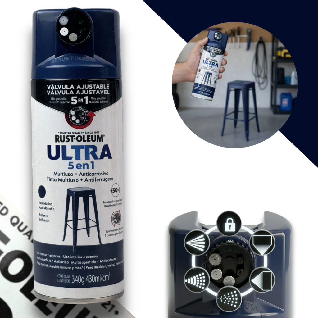 Spray Ultra 5 em 1 Azul Marinho Brilhante Metal e Madeira Rust Oleum ...