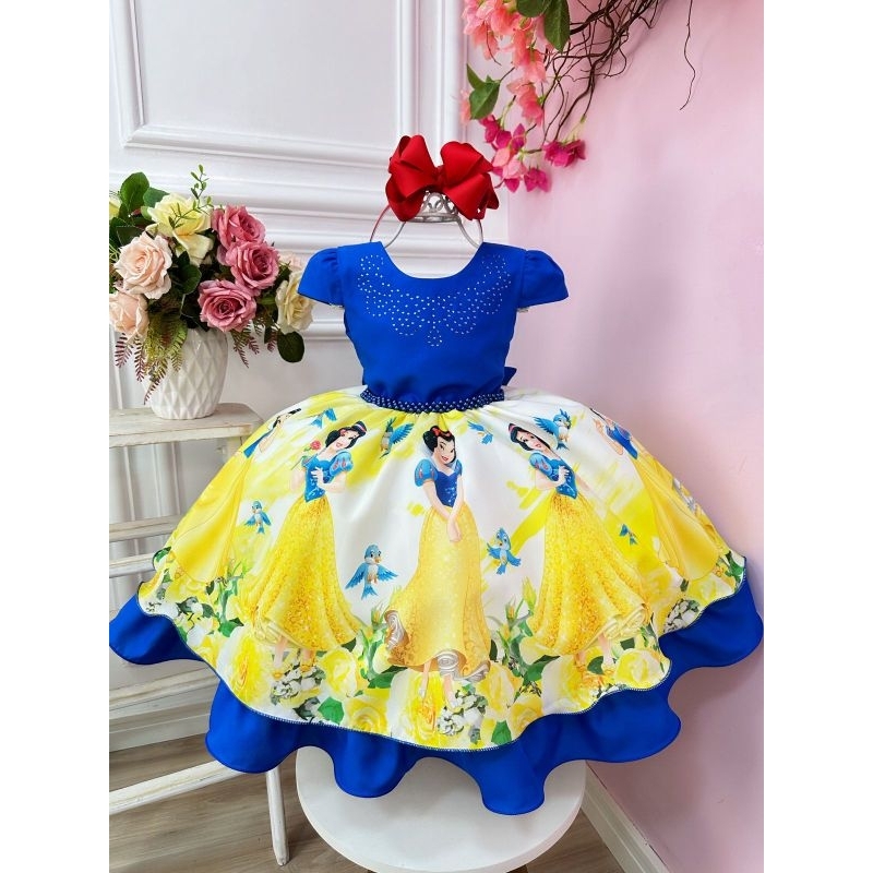 Vestido Infantil Branca de Neve Azul Amarelo C/ Cinto Pérolas | Shopee ...