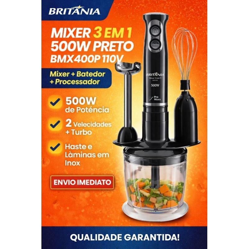 Mixer Britânia 3 em 1 500W Preto BMX400P 110V com Copo, Batedor e ...