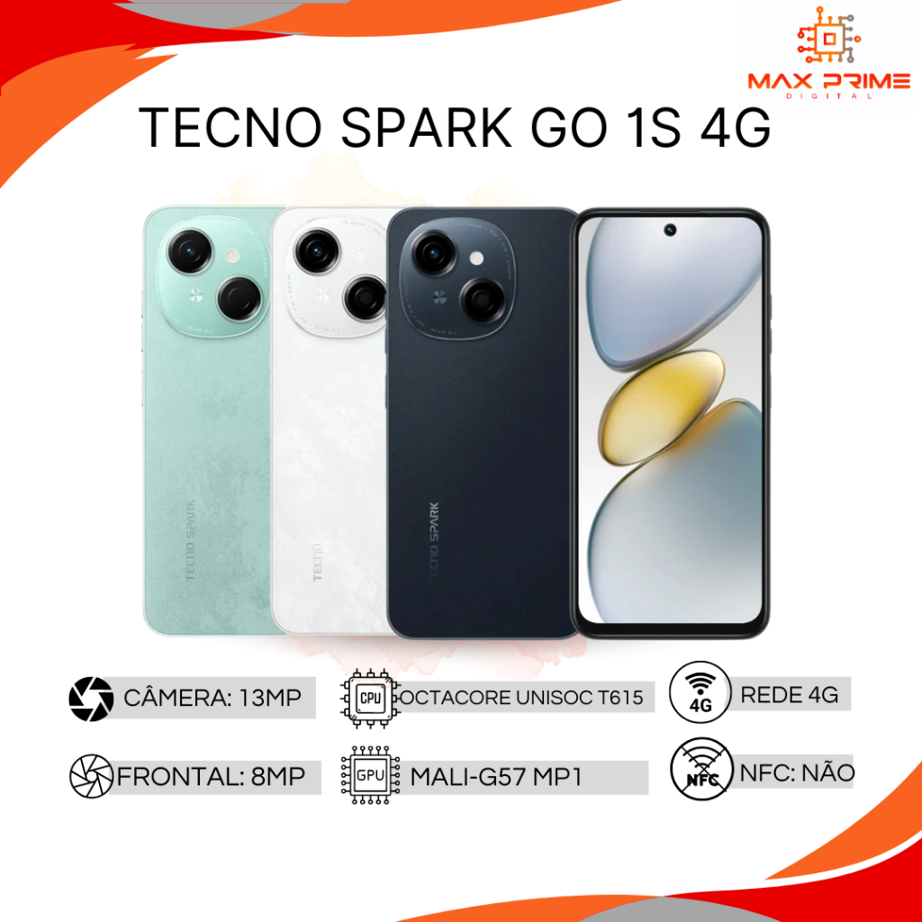 Tecno Spark Go 1S 4G Modelo Atualizado 2026, 64GB e 3GB RAM, e Spark Go ...