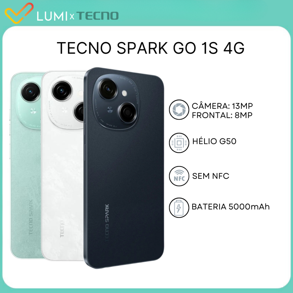 Tecno Spark Go 1S 4G, 2026 Versão Melhorada, 64GB e 3GB RAM, e Spark Go ...