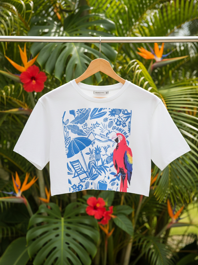 Cropped Feminino Oversized Estampa Tropical Arara 100% Algodão Moda ...