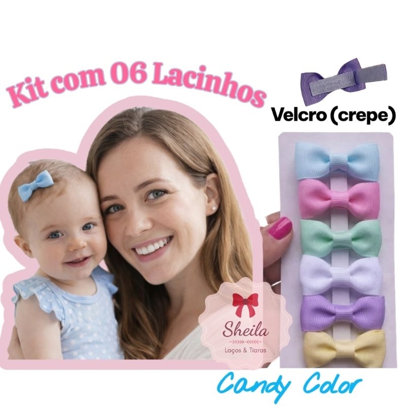 06 mini Lacinho bebe Presilha velcro/ crepe para Bebês edição candy ...