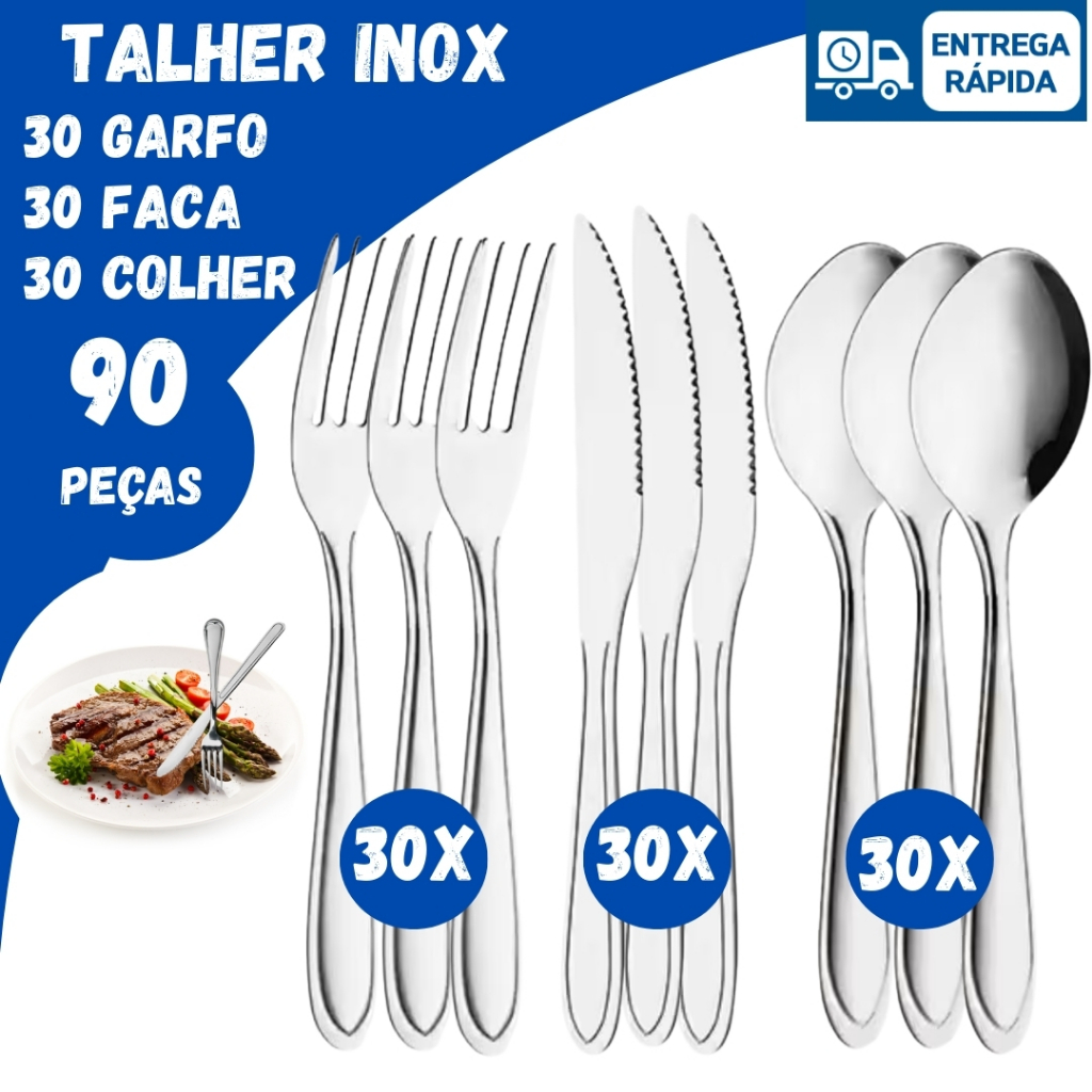 Jogo de Talher 90 Garfos Facas e Colher Aço Inox Premium Ideal para ...