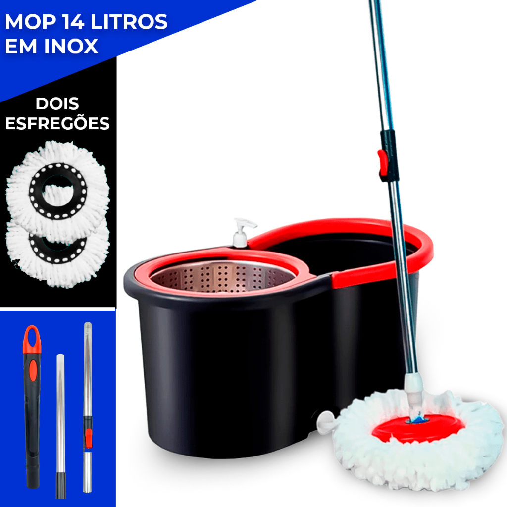 Mop C/ cabo de 140 cm + 2 Refis - Rodinhas e Cesto Em Inox - Balde ...