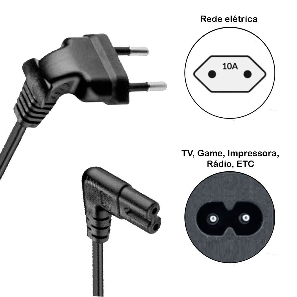 Cabo De Força Energia Bipolar 90° Tipo 8 Tv Smart Ps4 Preto 127/220v ...