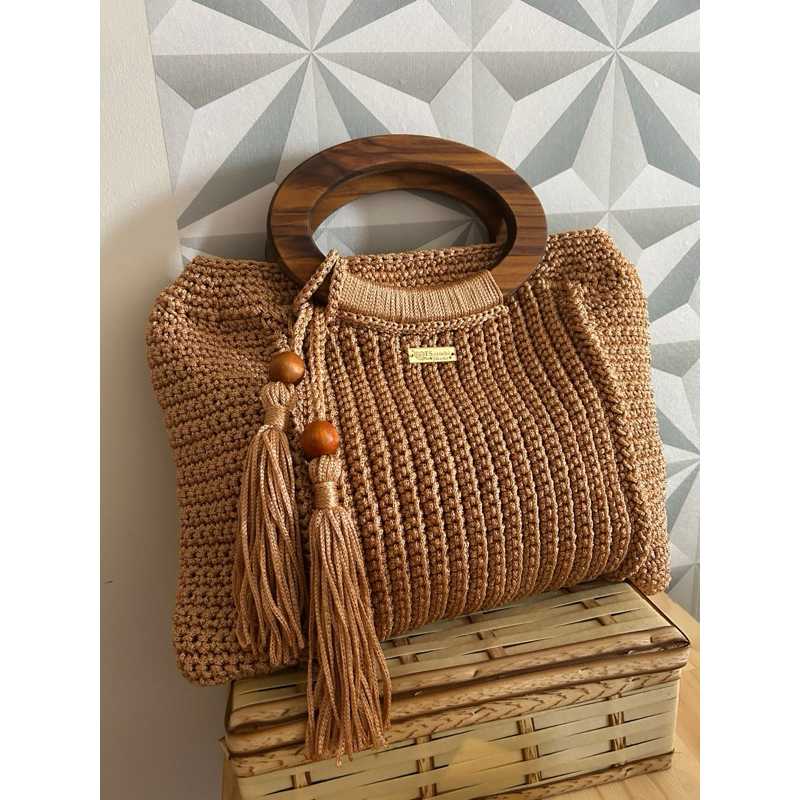 Bolsa Feminina em Crochê Artesanal com Alça em Madeira | Tamanho G Com ...