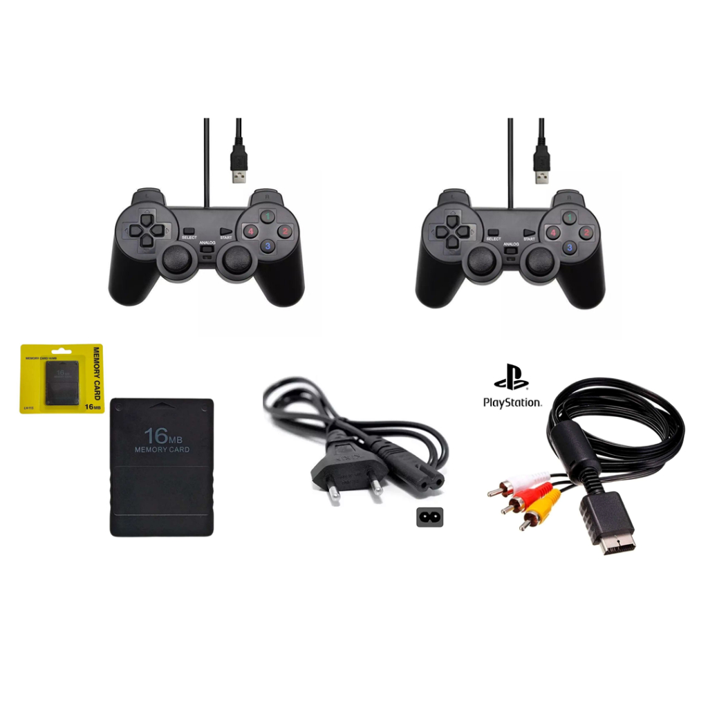 KIT COMPLETO PS2 - 2 CONTROLES / 1 MEMORY CARD 16 MB / 1 CABO AV / 1 ...