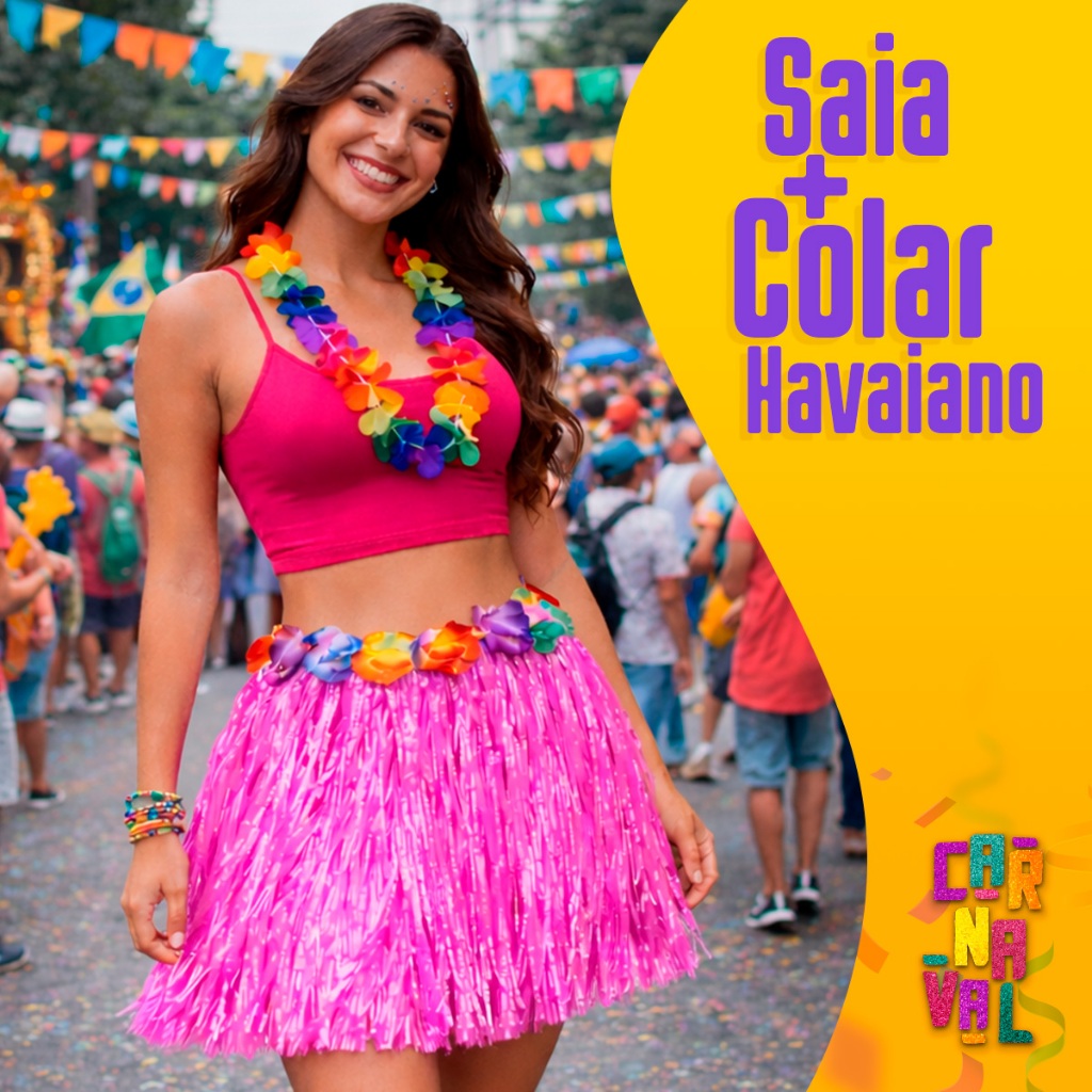 Fantasia Carnaval Kit Com Saia Havaiana 40Cm E Colar Flores Para Blocos e Festas Silver Festas ...